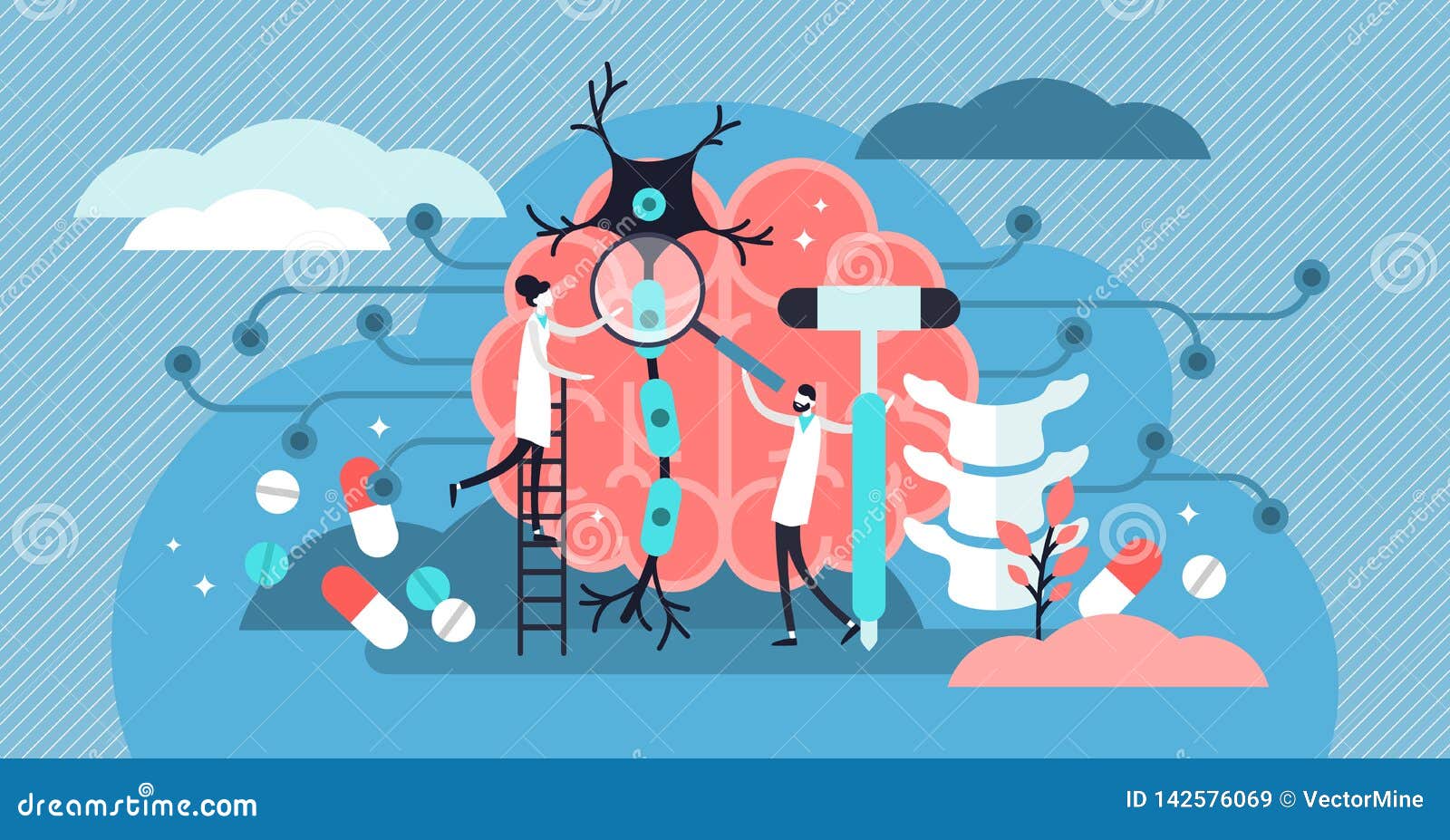 Neurology Vector Illustration, Cartoon Tiny Doctor People Study Human ...