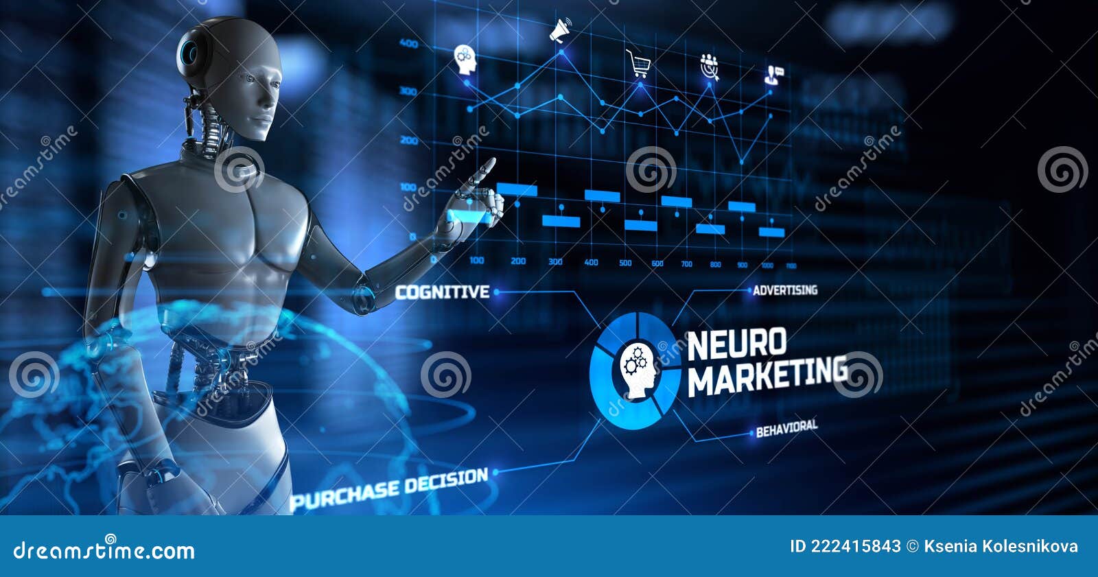 Neuromarketing Cognitive Advertising Technology Concept. Robot Pressing ...