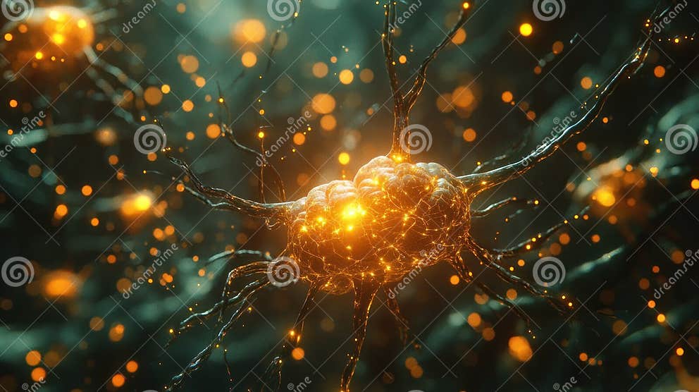 Abstract 3D Rendering of a Neuron Cell with Glowing Axons Stock ...