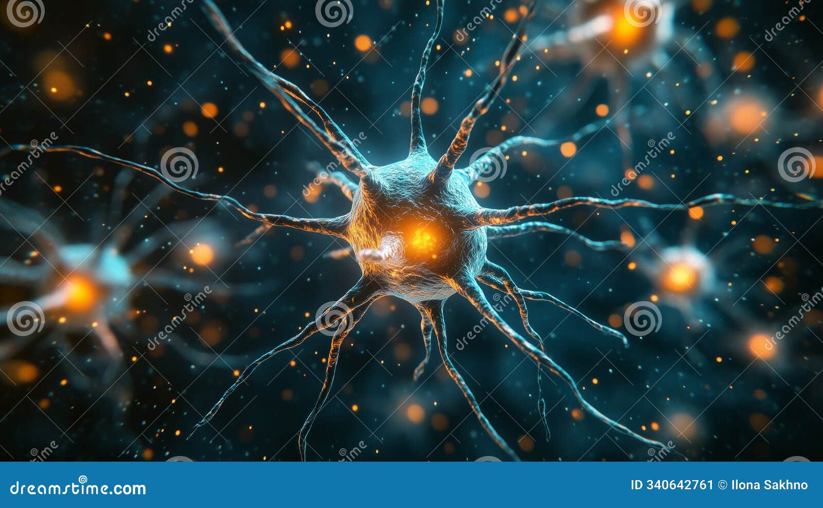 Neuron Cell with Glowing Orange Core in a Dark Blue Space Stock ...