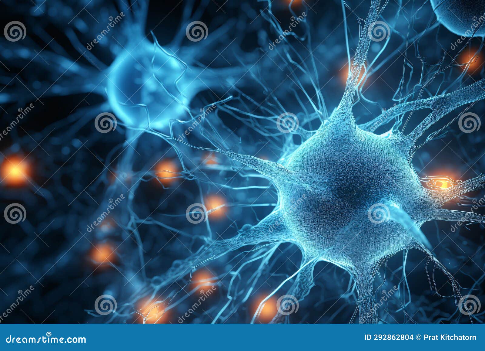 Neuronal Structure With An Orange Synapse On Black Background Royalty ...