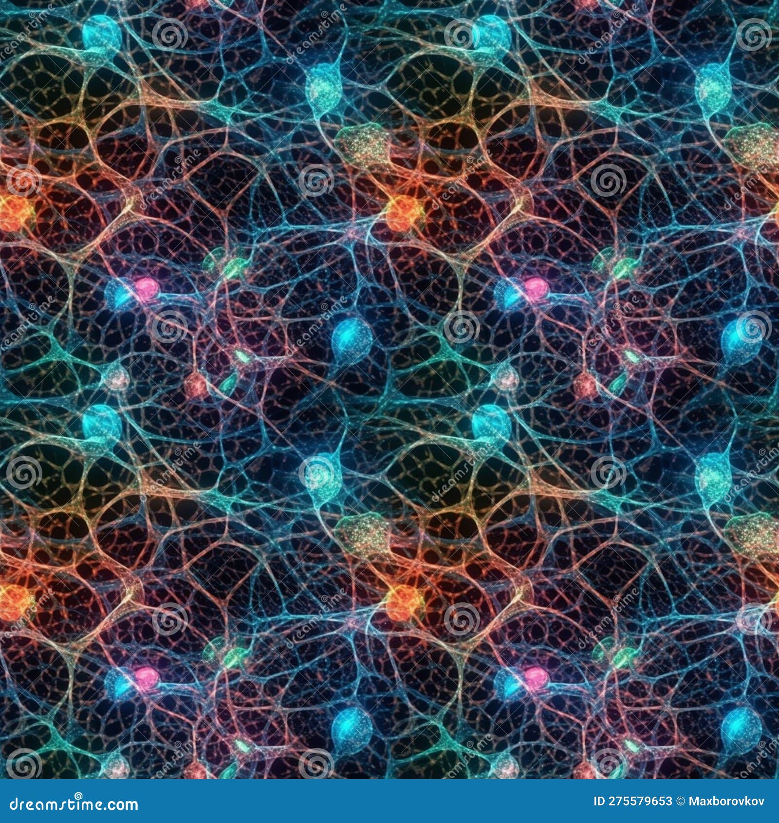 Neuron Cells with Multicolored Glowing Link Knots in Dark Space. AI ...