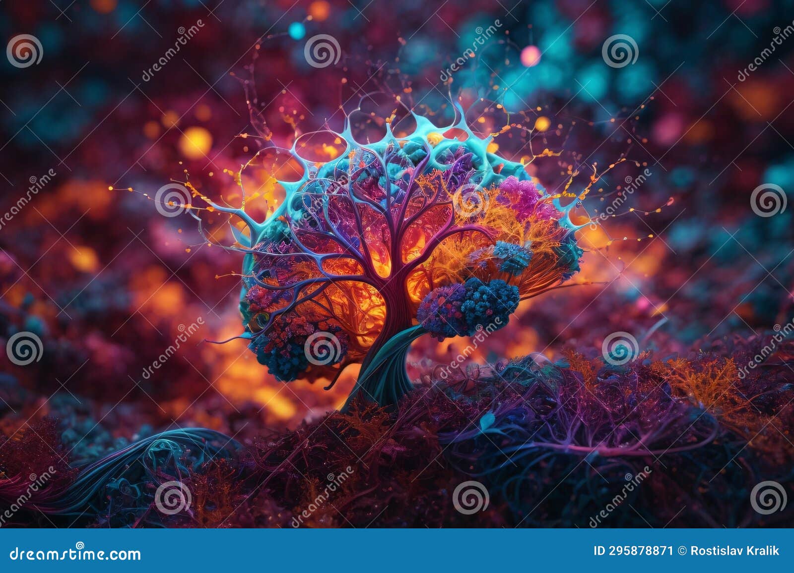 A Neuron Net Inside of Brain, Shimmering with a Vibrant Rainbow of ...