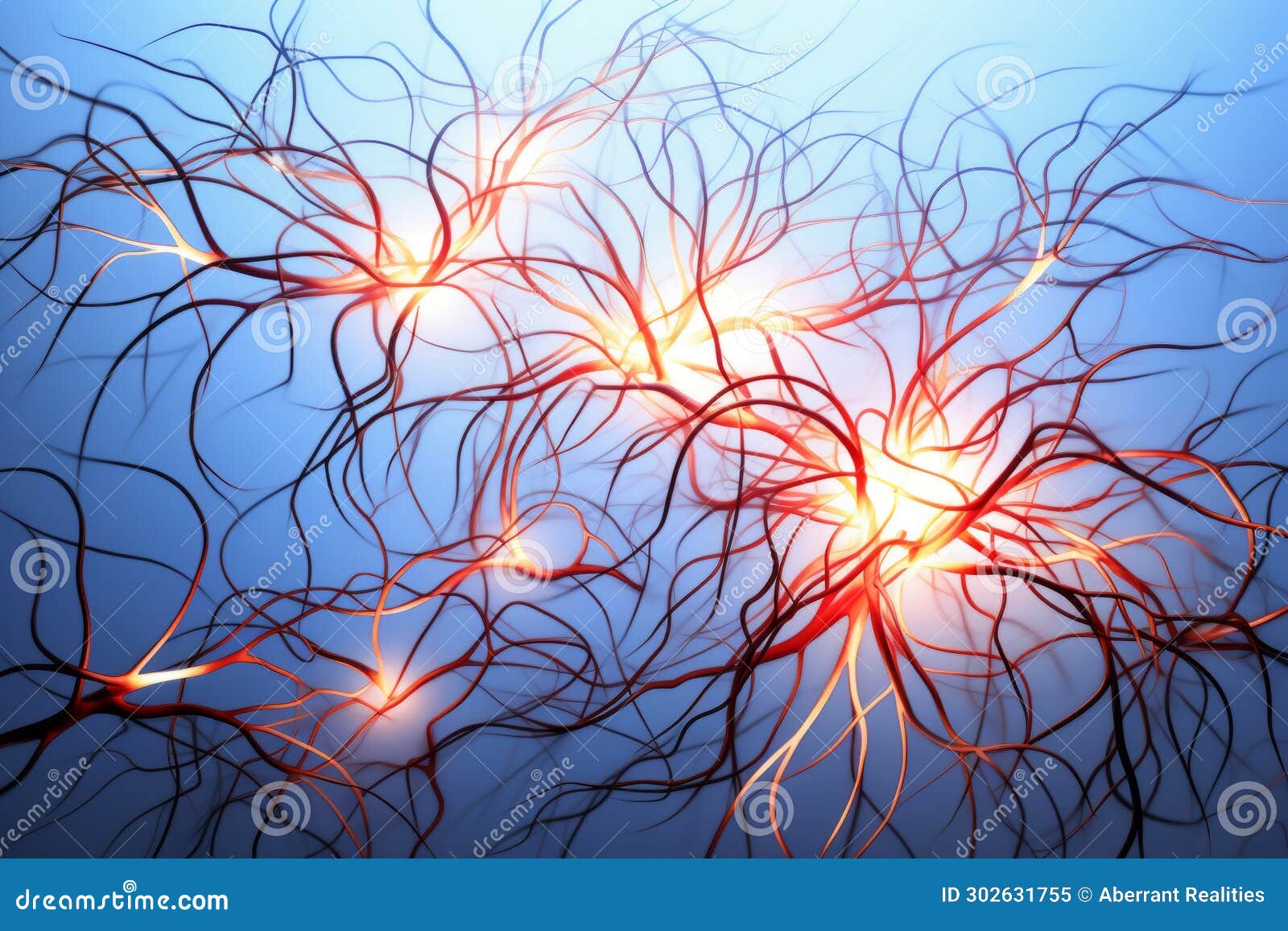 Neurons in the Brain with Red and Blue Lights Stock Illustration ...
