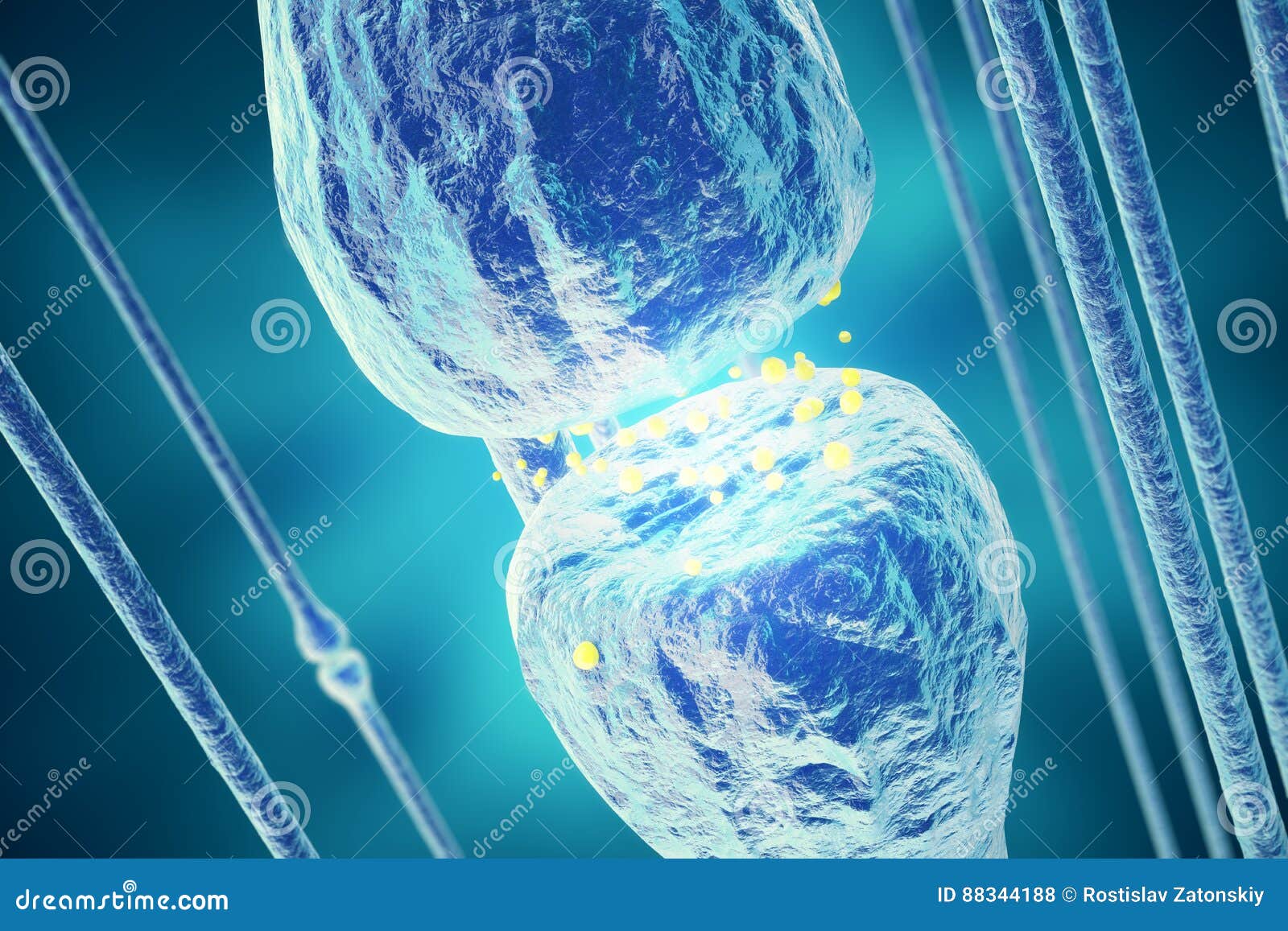Neurons Transmission Signals in the Head on Blue Background. Synapse ...