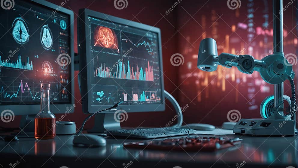 Neuroscience Laboratory with Brain Scans and Data Analysis on Monitors ...