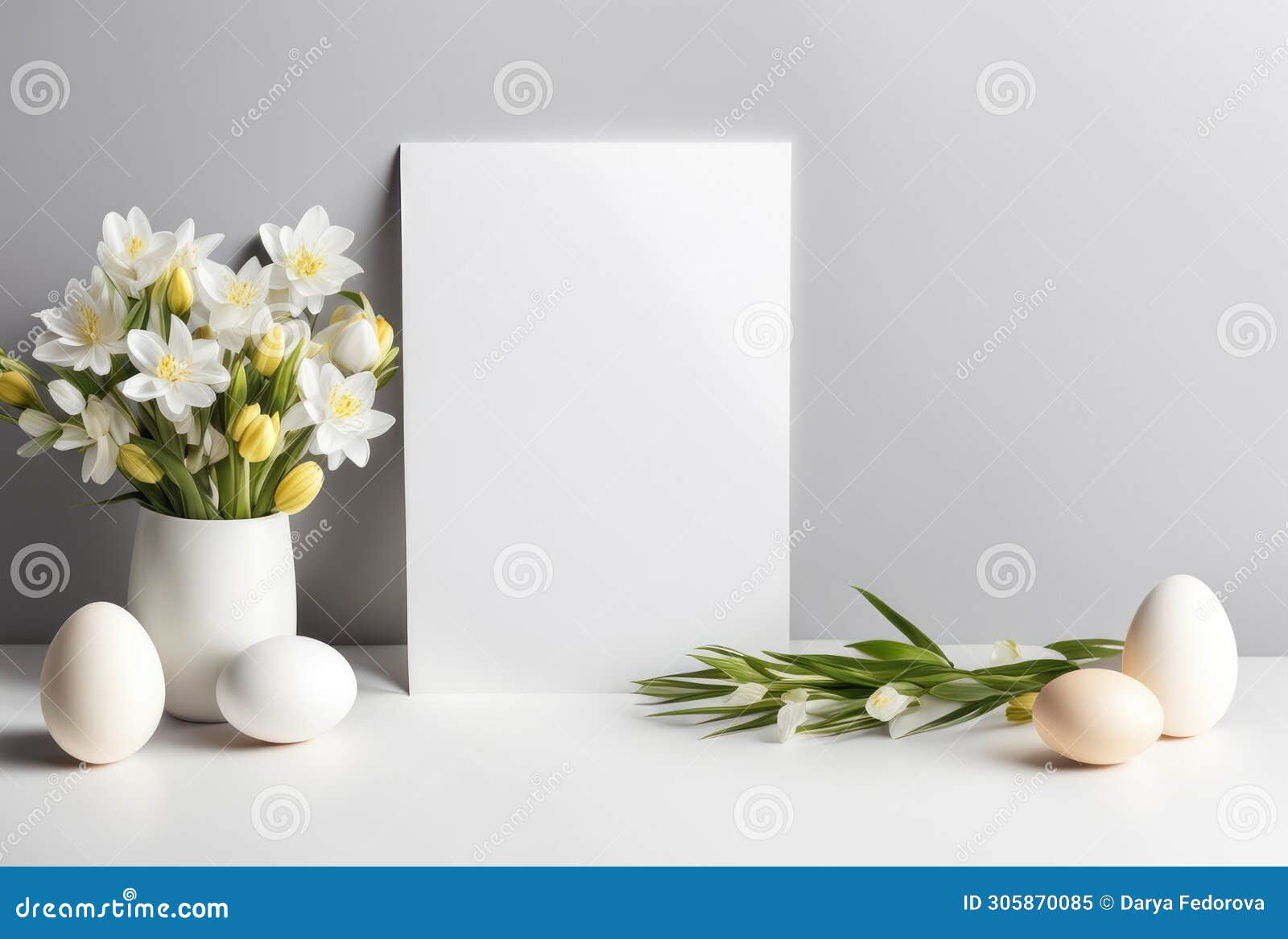 Neutral Easter Card Mockup with Spring Flowers and Eggs Stock Image ...