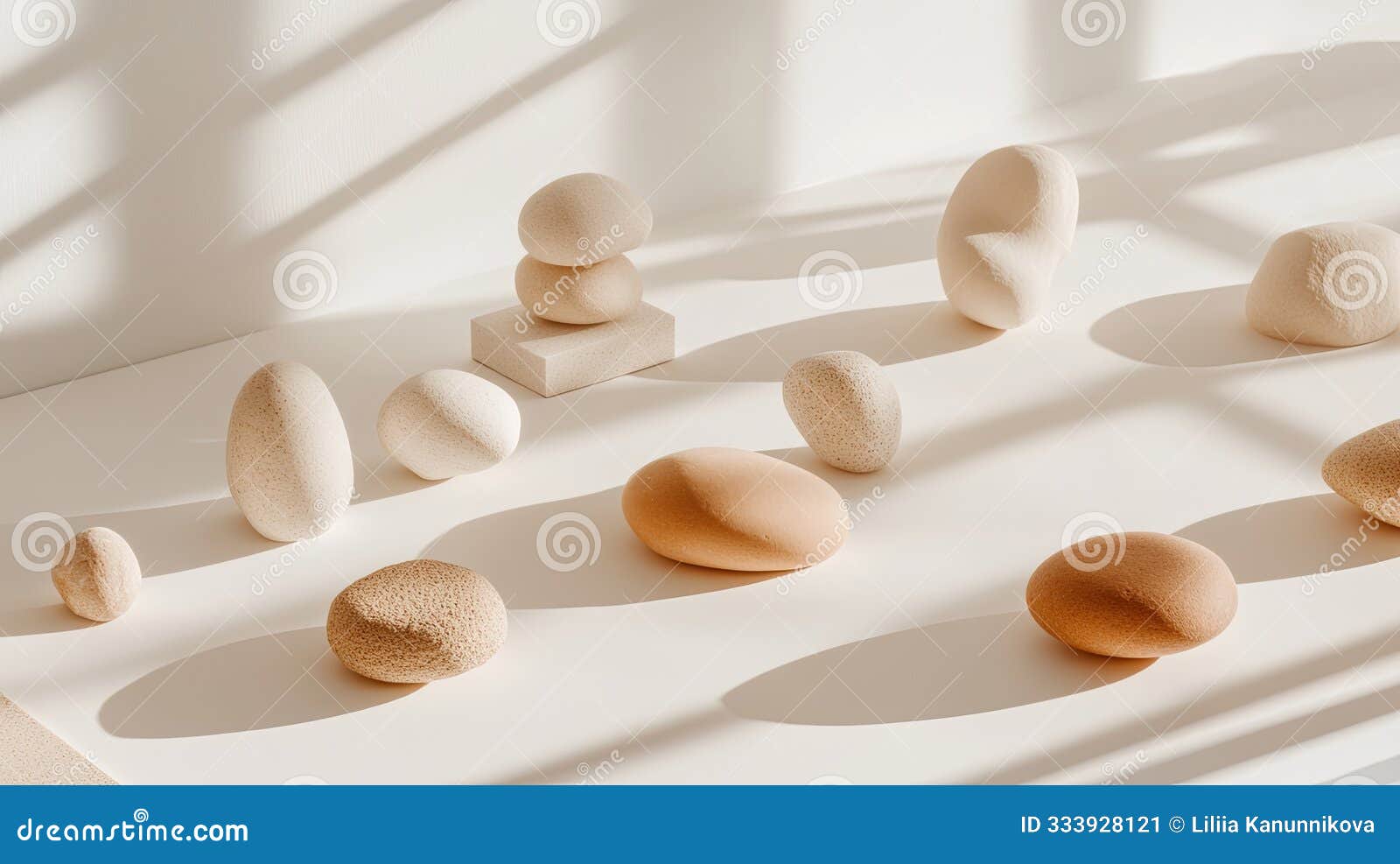 Neutral Stone Samples and Abstract Sculptures Rest on a White Shelf ...