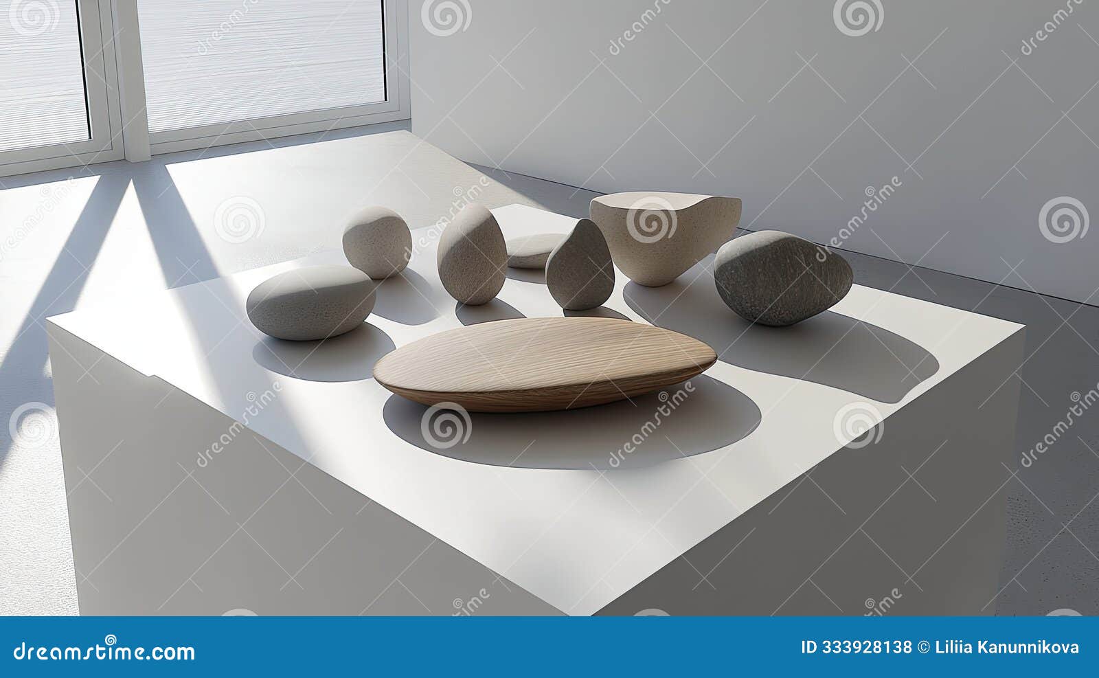 Neutral Stone Samples and Abstract Sculptures Rest on a White Shelf ...