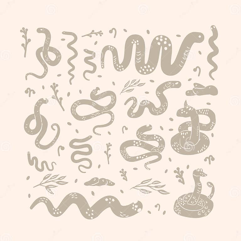 Neutral-toned Design with Various Snakes. Vector Hand Drawn Illustration Stock Vector ...