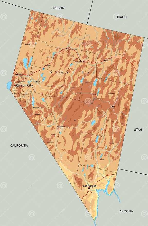 Detailed Nevada Physical Map with Labeling. Stock Vector - Illustration ...