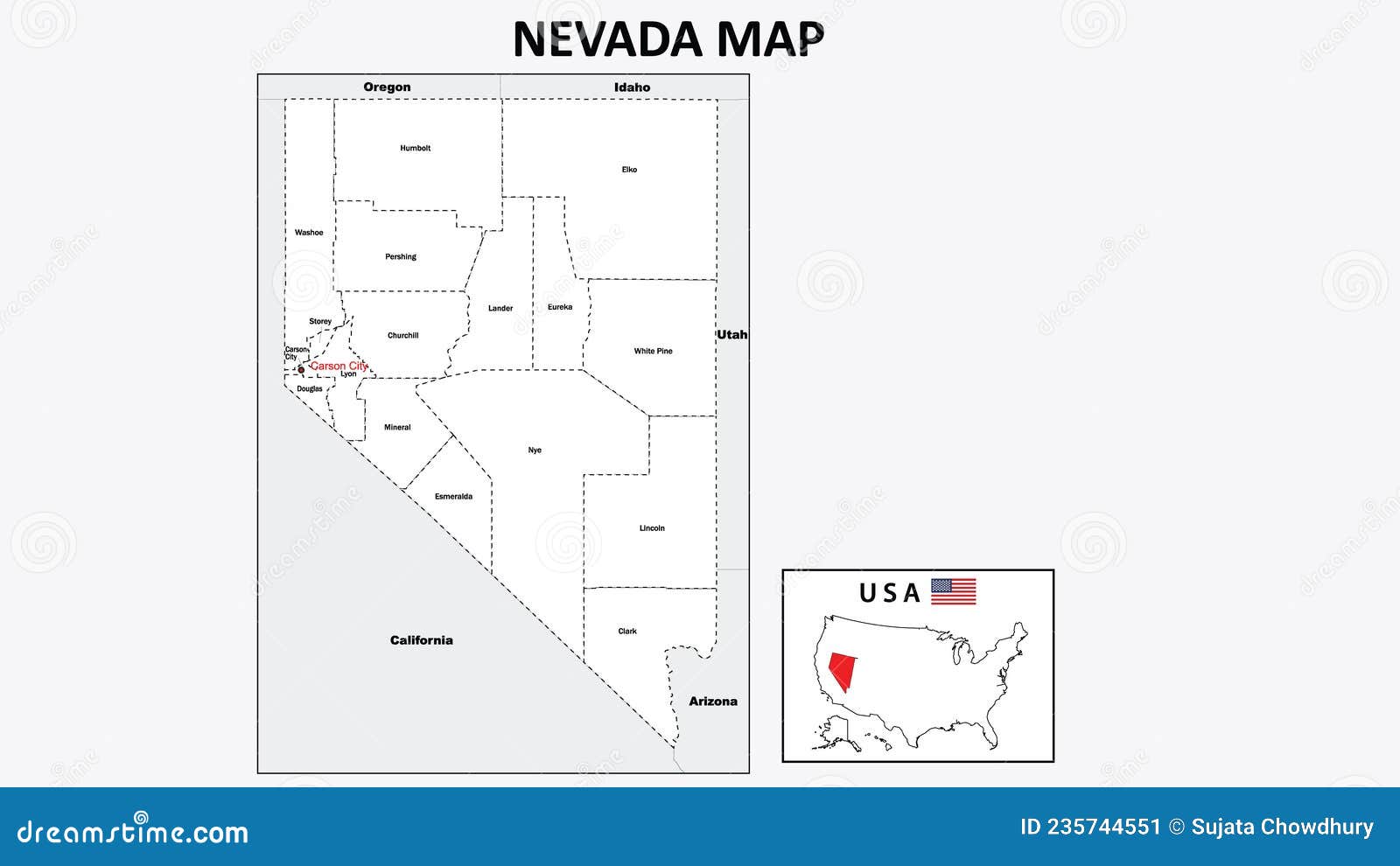 Nevada Map. Political Map Of Nevada With Boundaries In White Color ...