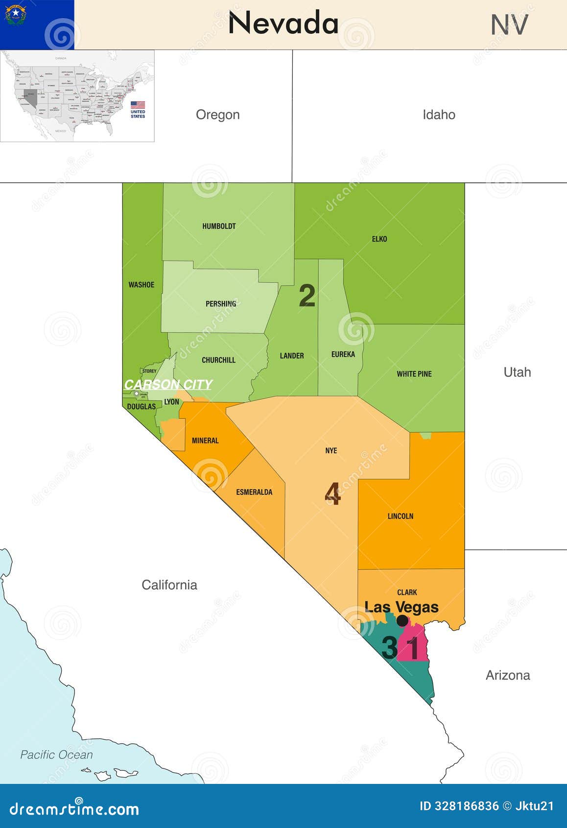 Nevada State Map with Counties Borders and Colored Congressional ...