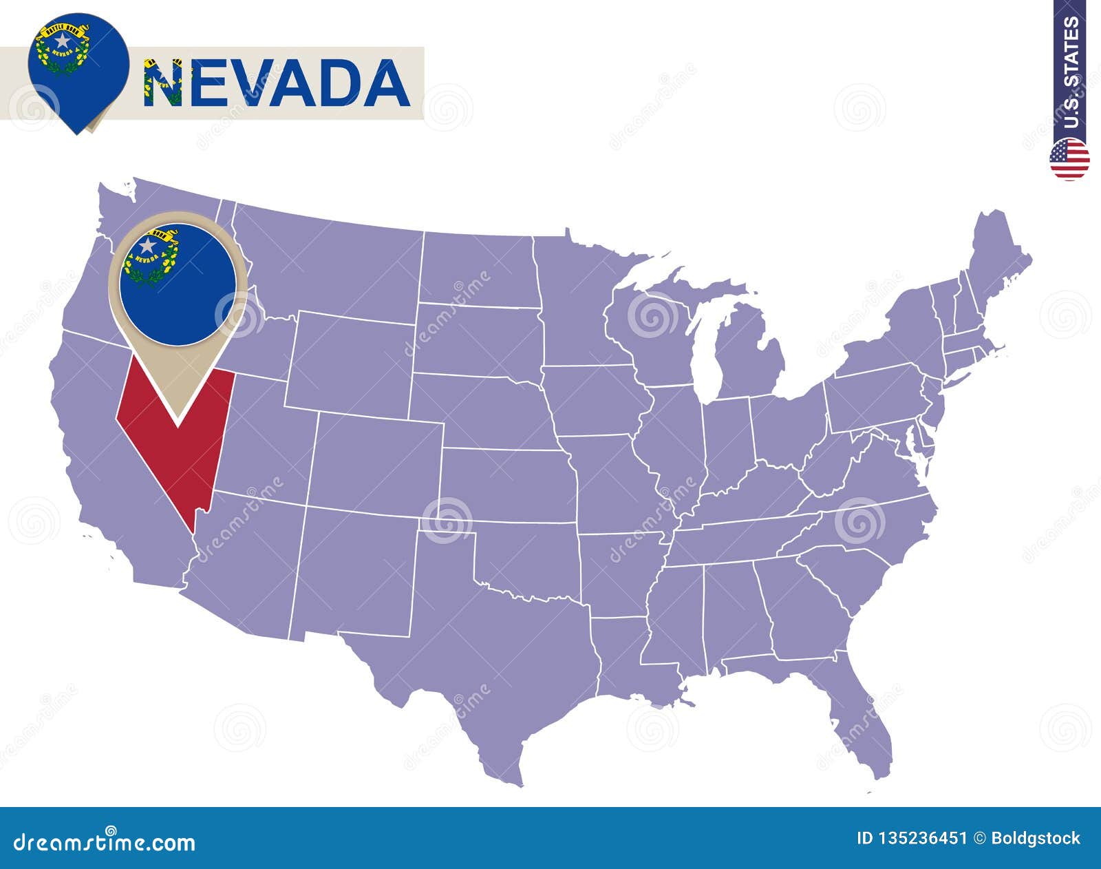 Nevada State on USA Map. Nevada Flag and Map Stock Vector ...