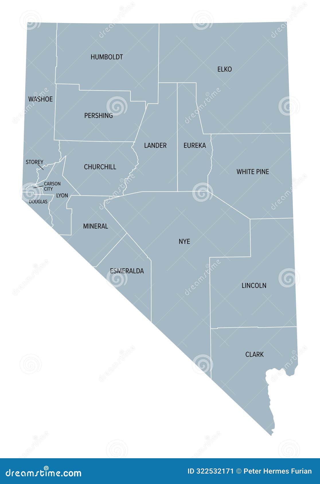 U.S. State Of Nevada, Subdivided Into 16 Counties And Carson City, Gray ...