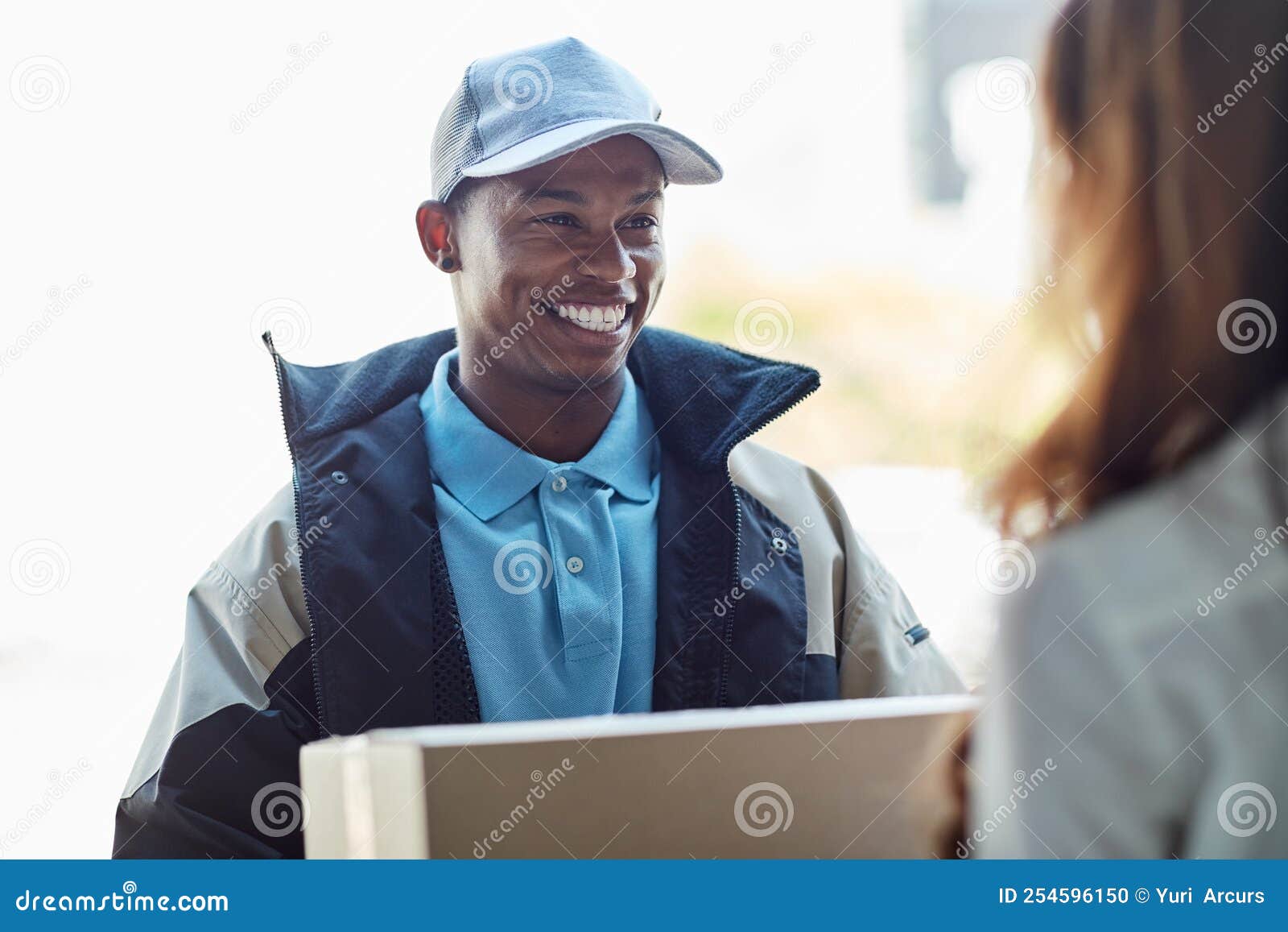We Never Disappoint. a Courier Making a Delivery To a Customer. Stock ...