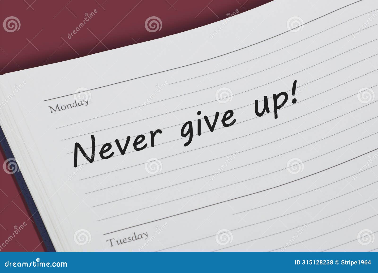 Never Give Up Reminder Message in an Open Diary Stock Photo - Image of ...