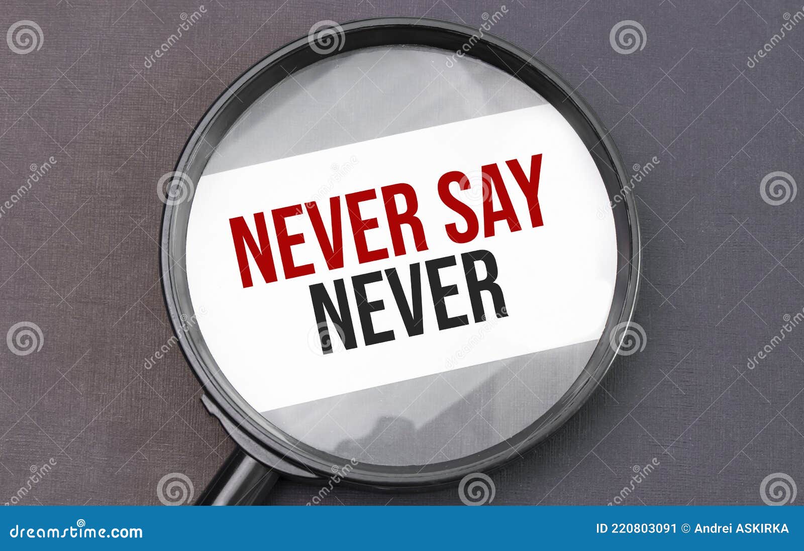 NEVER SAY NEVER Word on Paper through Magnifying Lens Stock Image ...