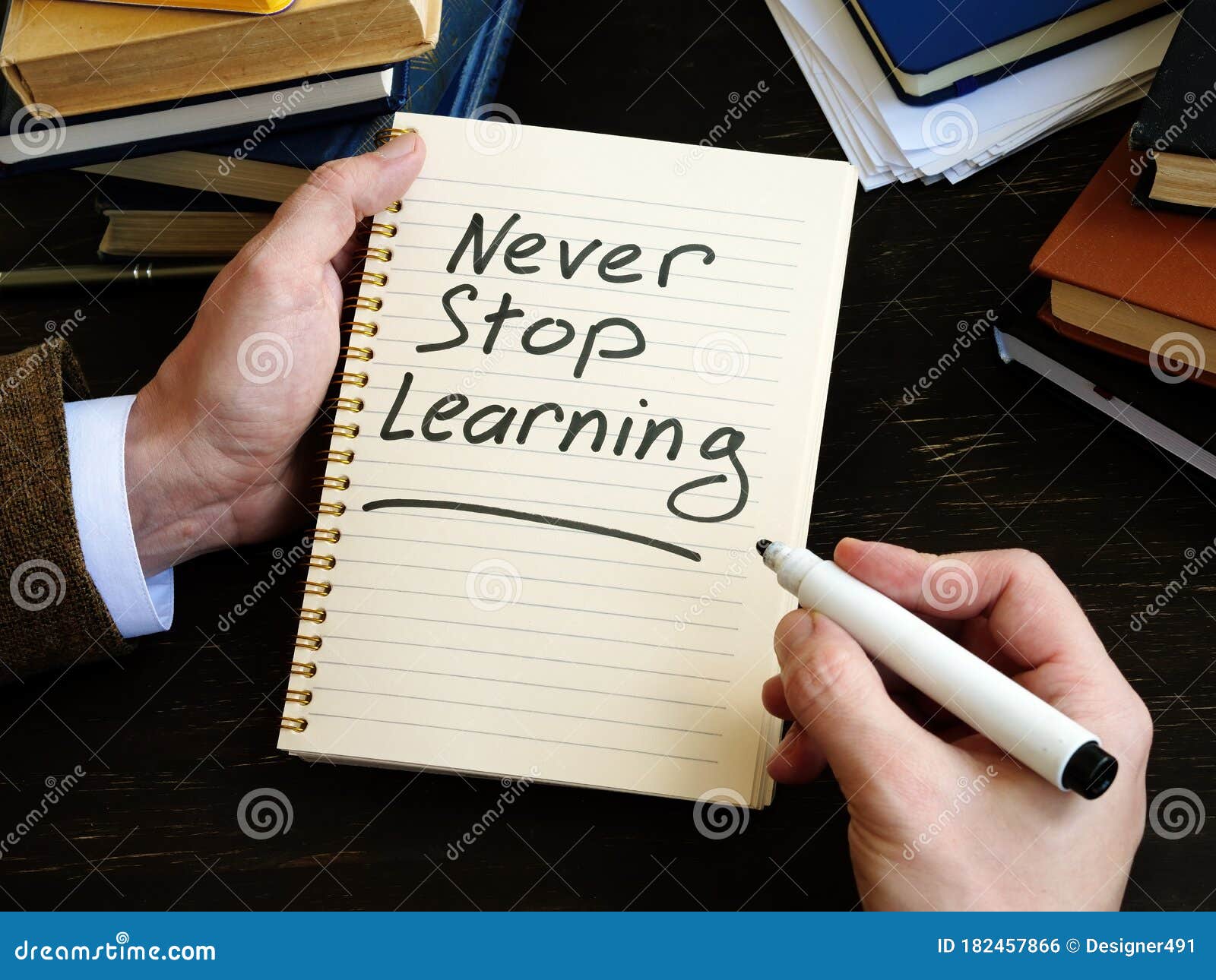 Never Stop Learning Written by Man Phrase Stock Photo - Image of ...