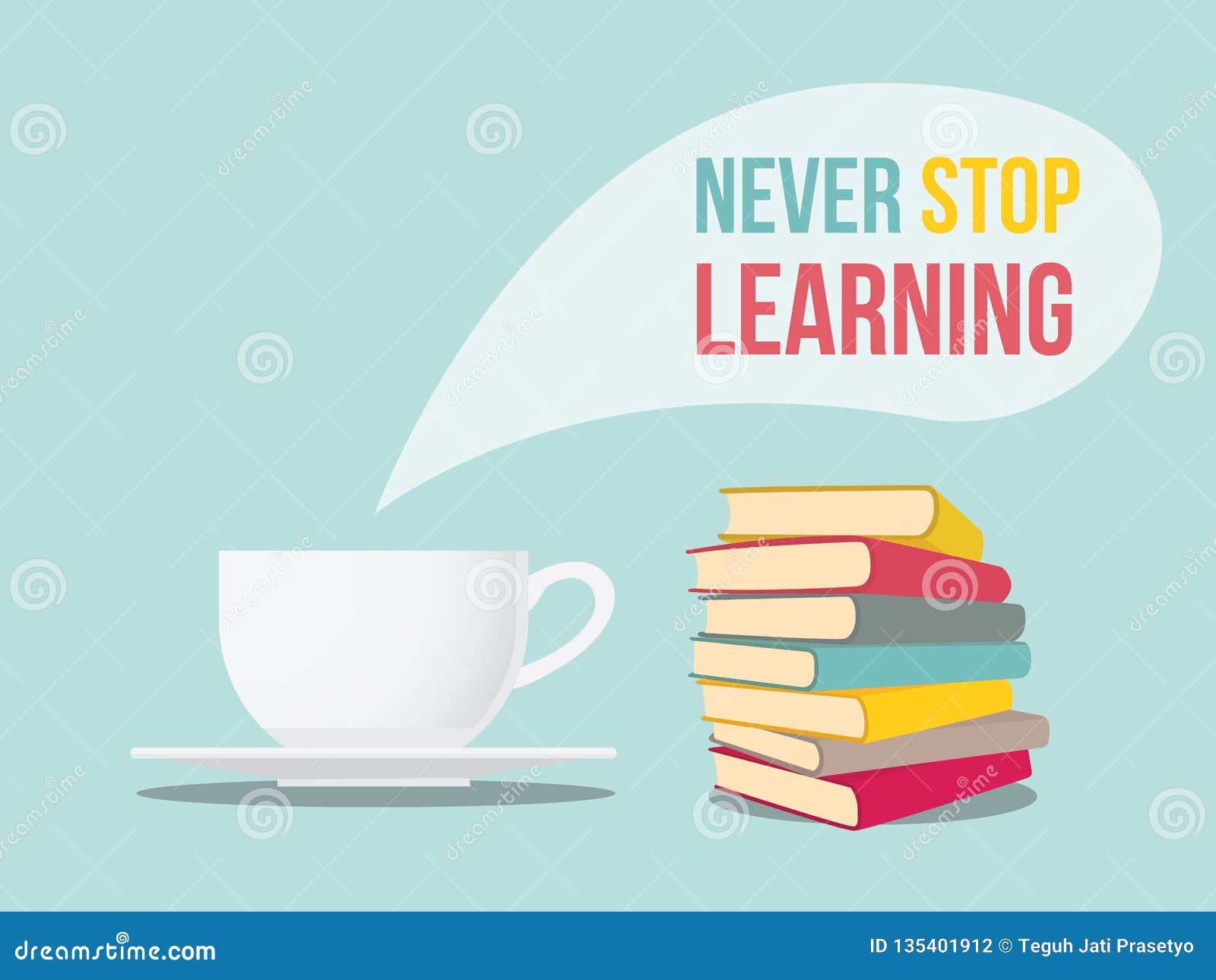 Never Stop Learning Quote Sign with Coffee and Book Stack Stock ...