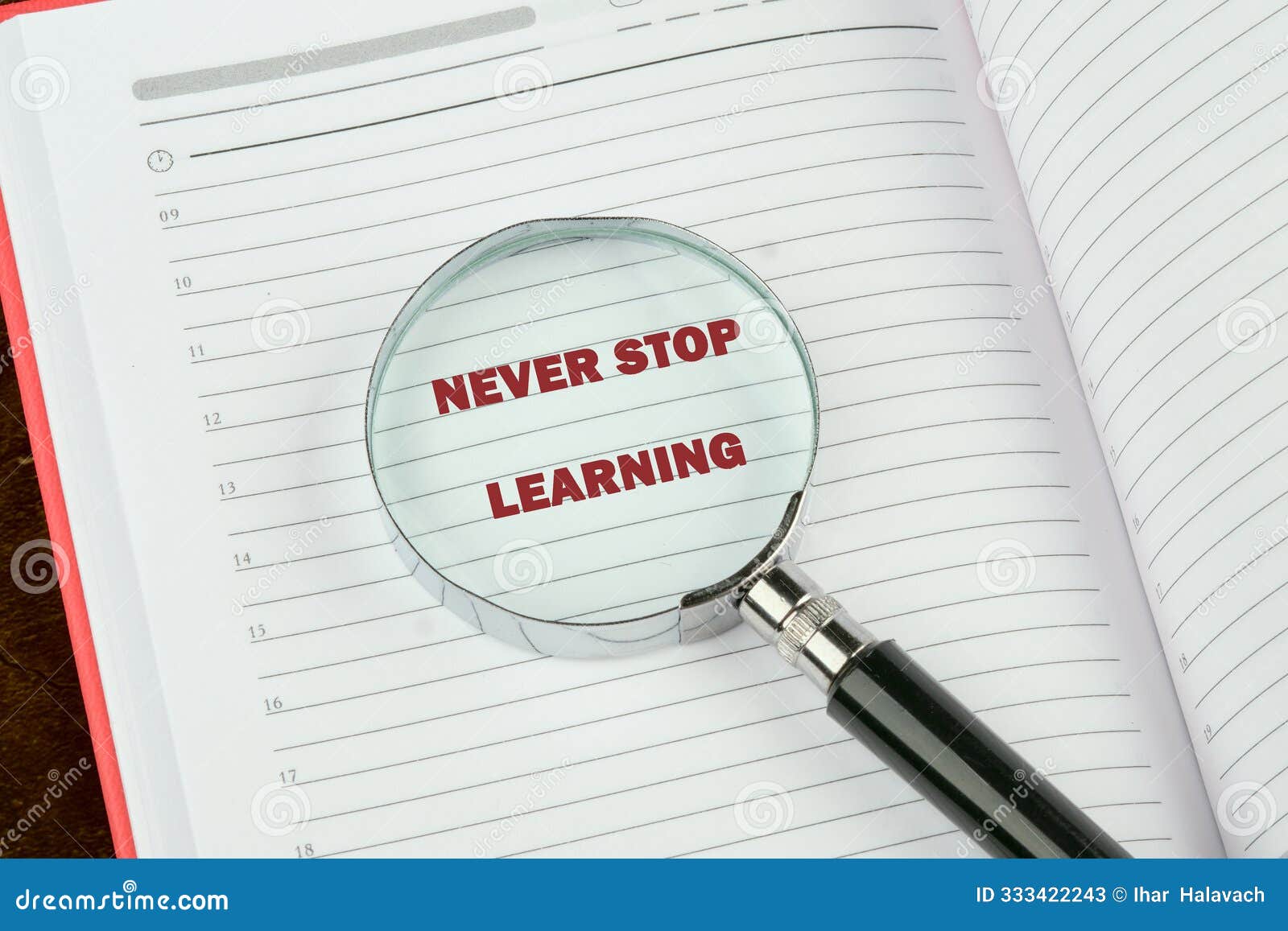 Never Stop Learning Written through a Magnifying Glass on a Blank Page ...