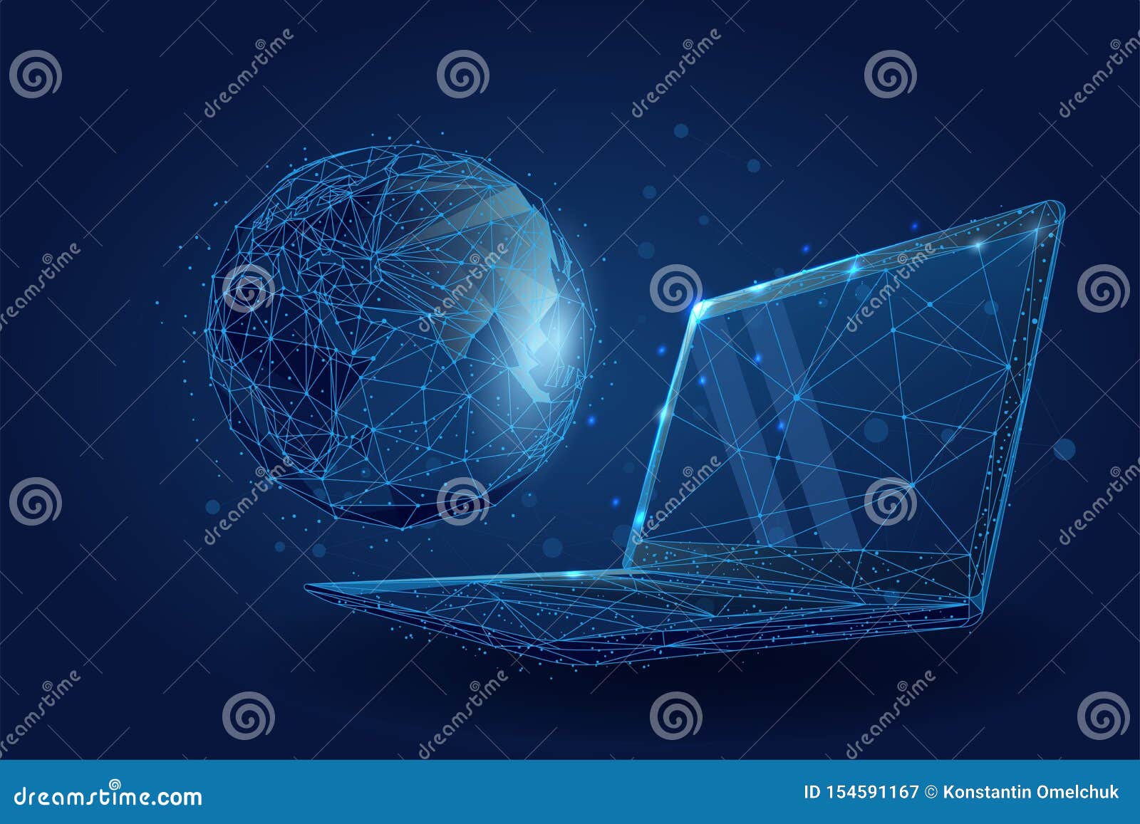Low Poly Wireframe Global World. Planet Earth on Laptop Screen Stock ...