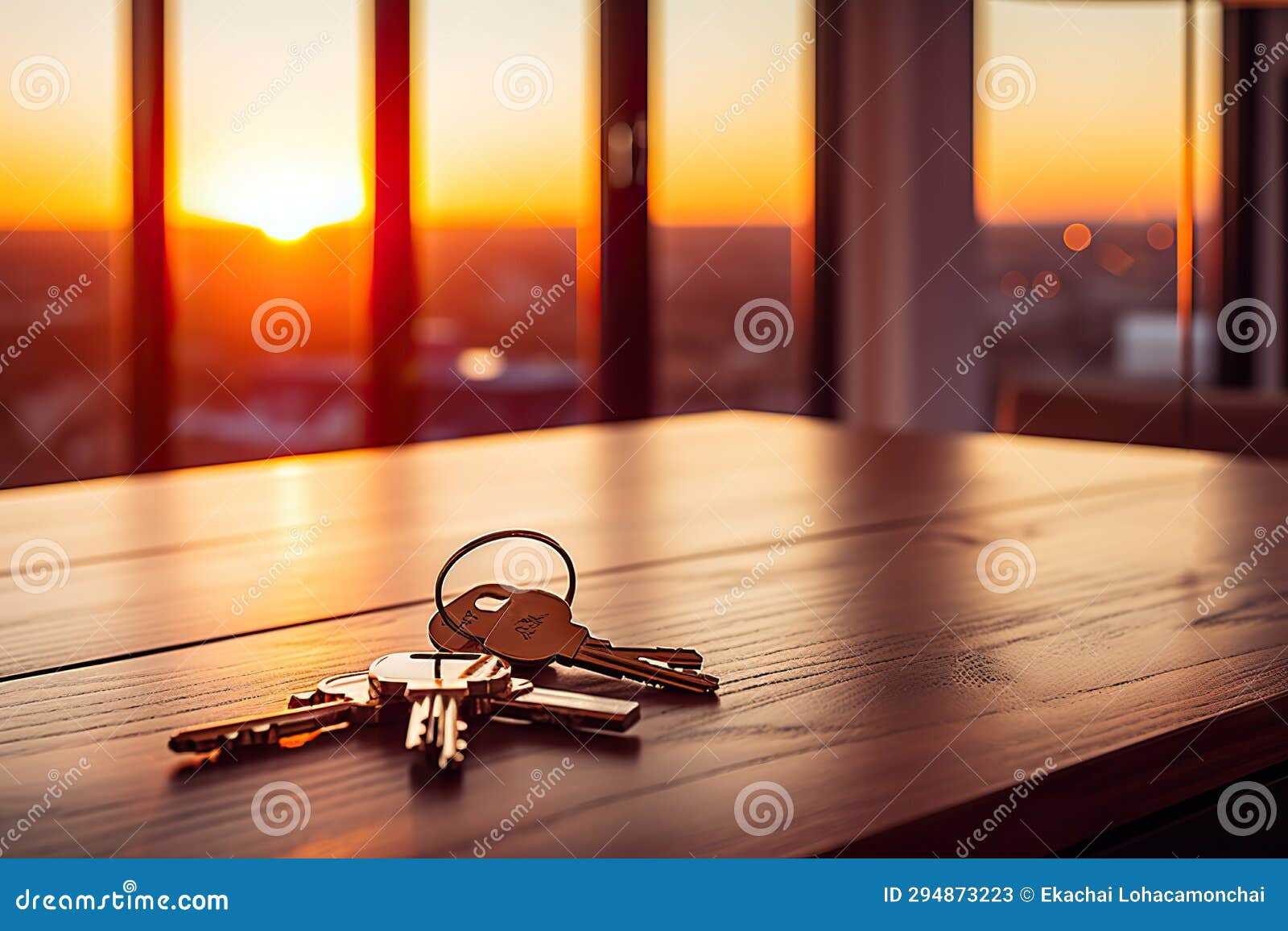 New Apartment Keys Rest on Table Amid Sunset Glow and Expansive Windows ...