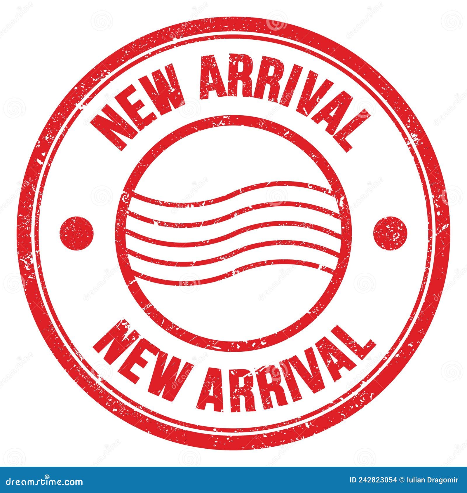 NEW ARRIVAL Text Written on Red Round Postal Stamp Sign Stock ...