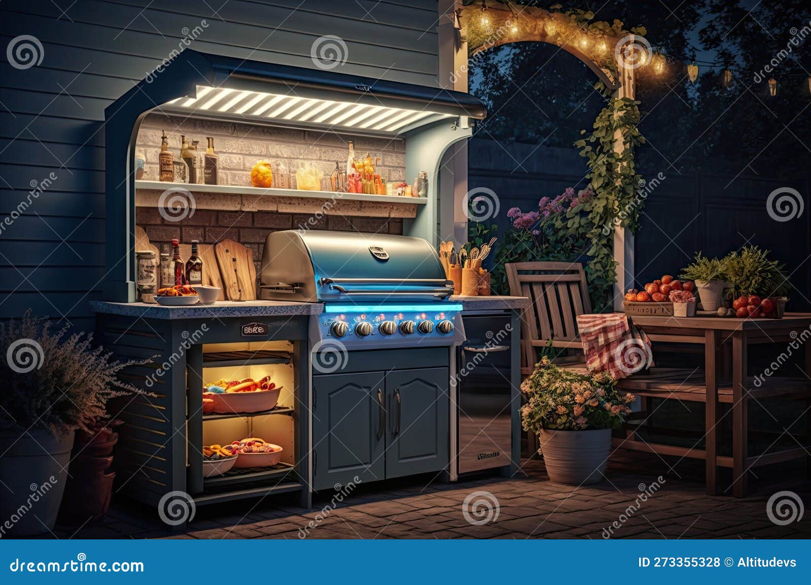 New Beautiful Kitchen Barbecue with Lit Backyard Grill Stock Photo ...