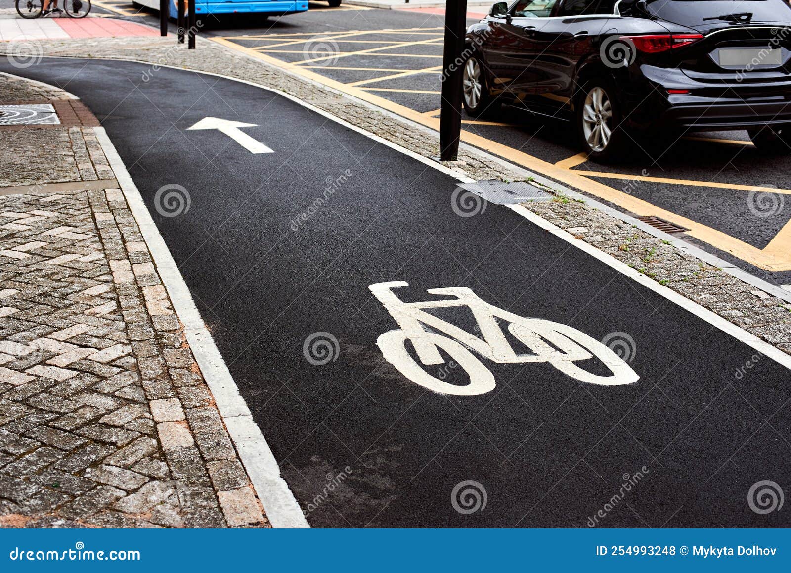 New Black Bike Path with a Painted Bike. Stock Photo - Image of white, background: 254993248