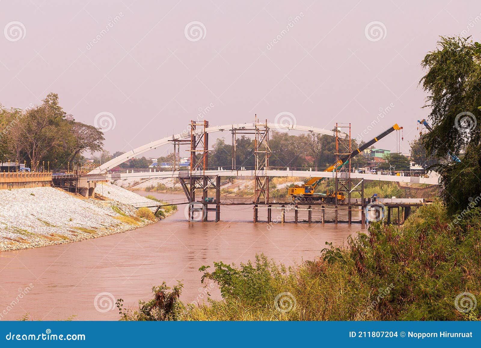 The New Bridge between Construction Structures Over the River, Crane ...