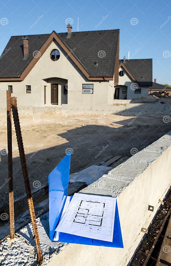 New Build House and Blueprints Stock Photo - Image of sketch, industry ...