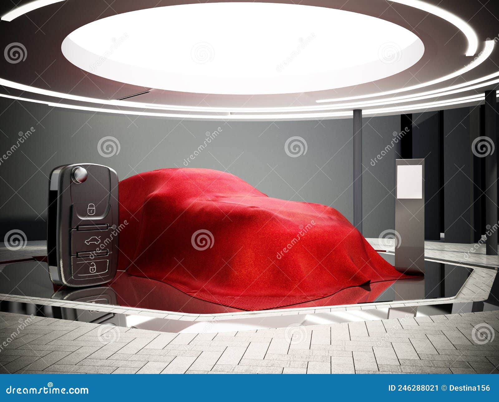 New Car Model Showcase on the Podium Under the Red Silk. 3D ...