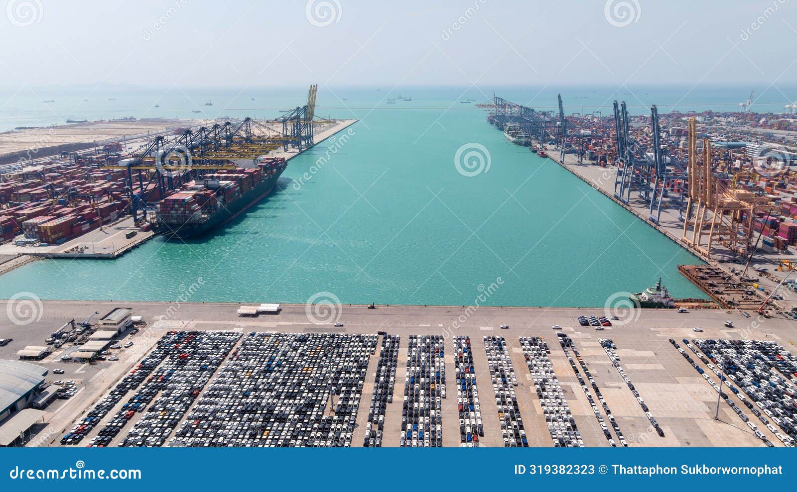 New Car Parking Lot and Loading Container Ship in the Port Stock Image ...