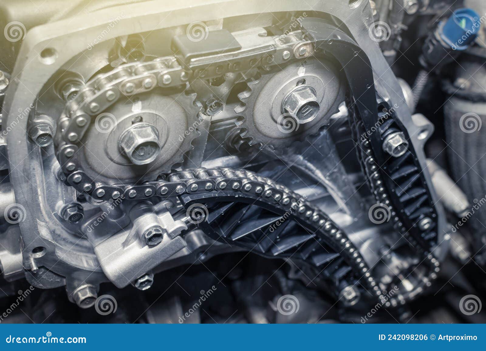 New Car Timing Chain on a Diesel Old Engine in a Car Workshop. Close Up ...