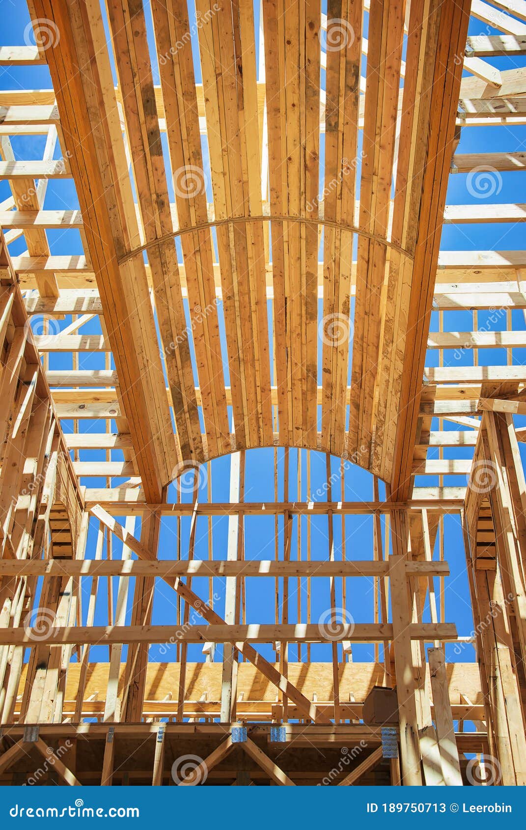 New Construction Home Ceiling Framing Against Blue Sky Stock Image ...