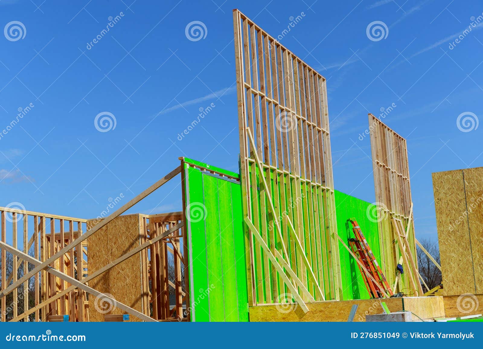 New Construction Home Framing Against Blue Sky, Close Up of Ceiling ...