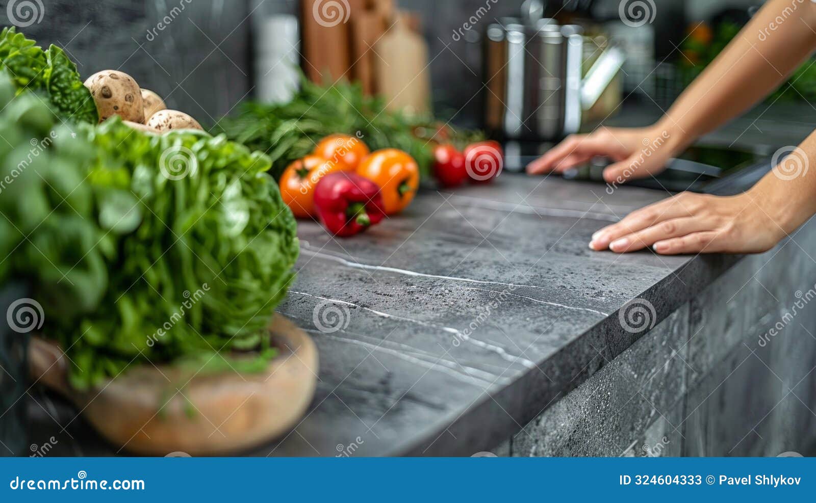New Countertop is Installed in a Modern Kitchen. a Persons Hands are ...