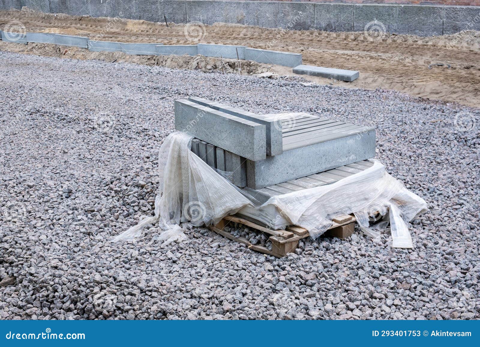 New Curb Stone at Construction Site Stock Image - Image of pallet ...
