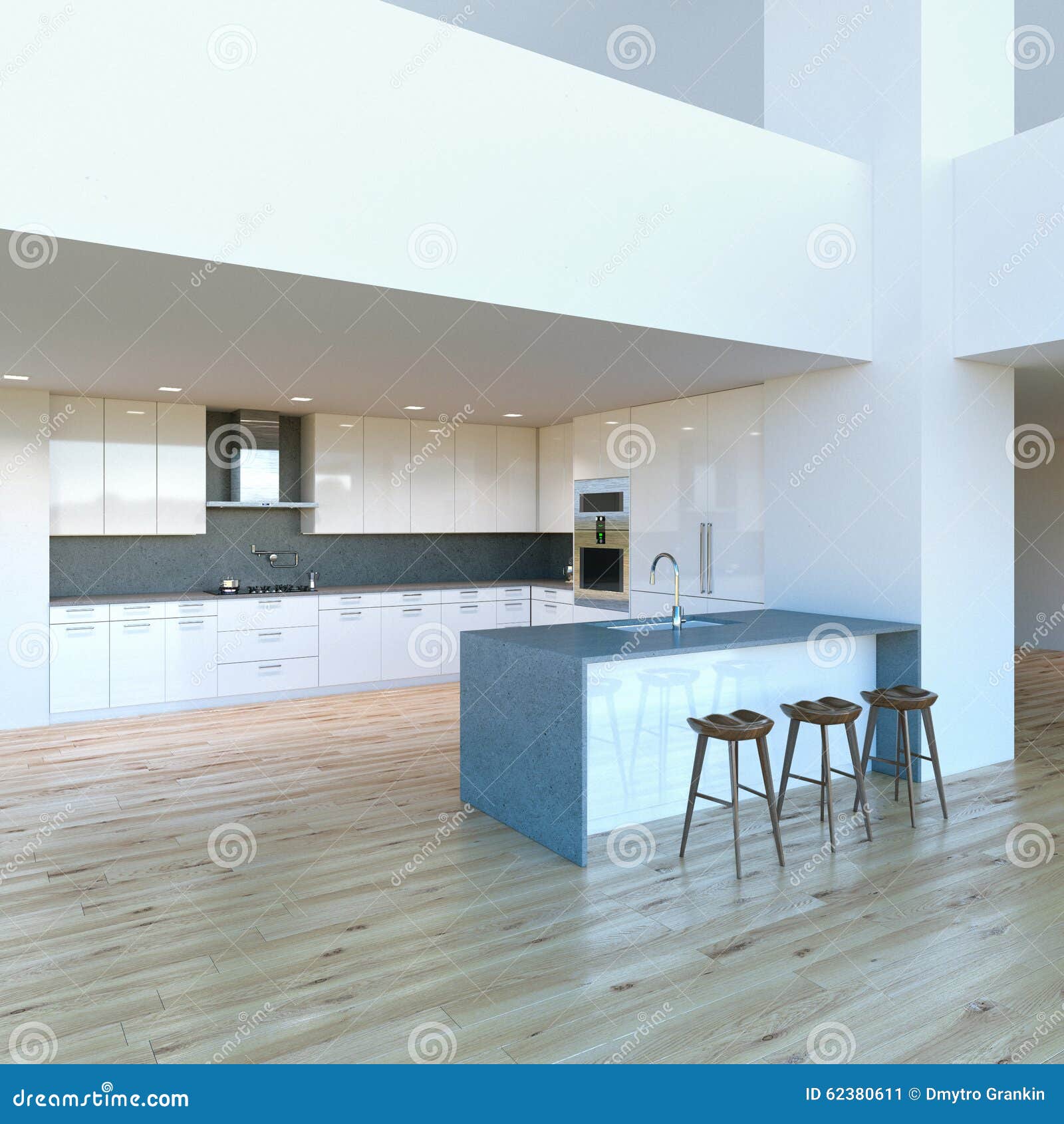 New Decorated Contemporary White Kitchen in Luxury Big Studio . Stock ...