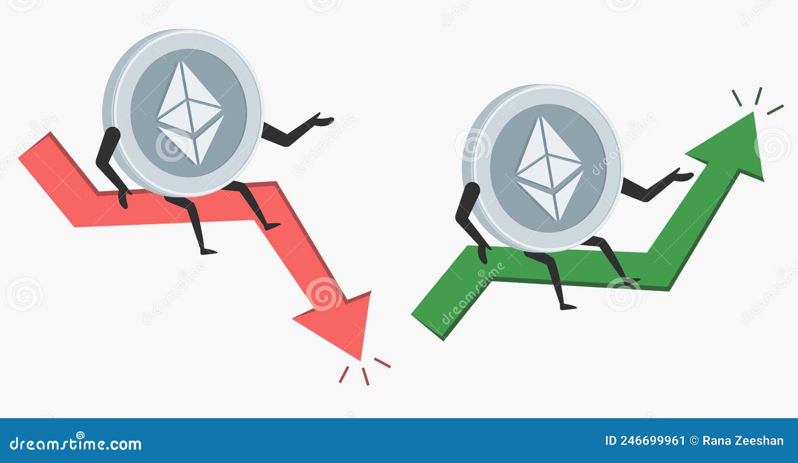 Ethereum Token Silver Coin Cartoon Characters with Price Up Down Arrow ...