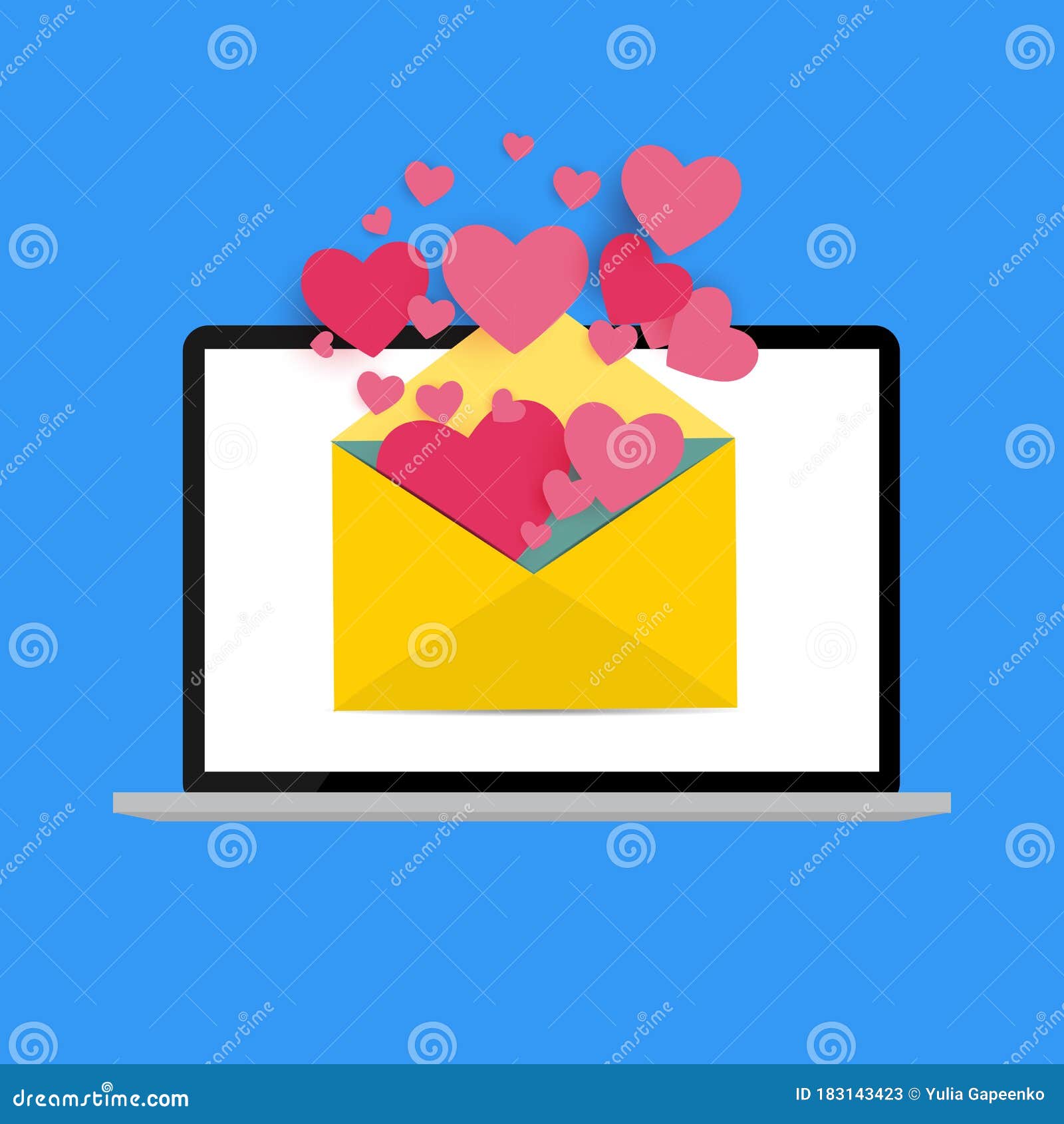 New Email with Hearts on the Laptop Screen Notification Concept. Vector ...