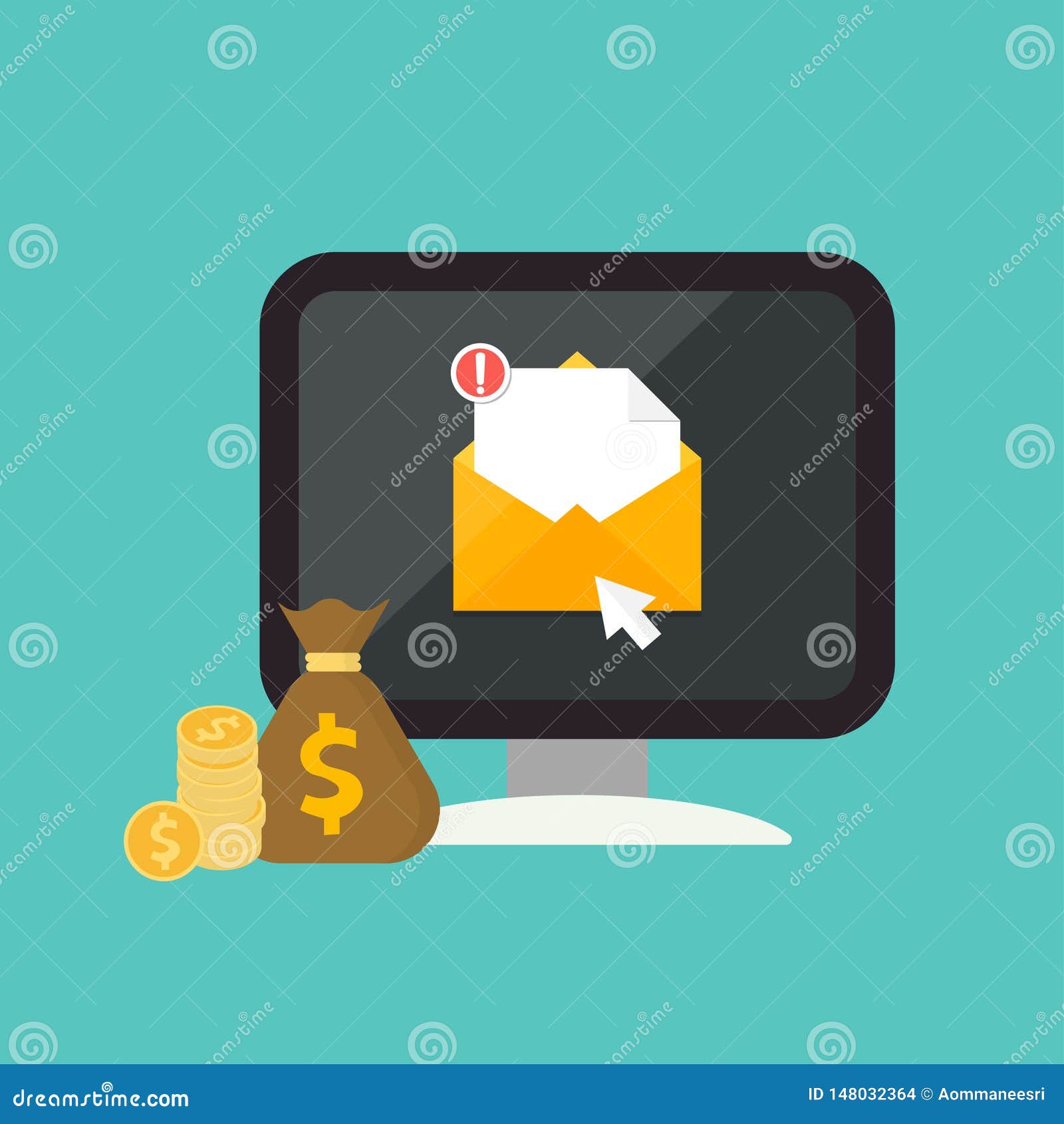 New Email Notification on Computer and Money Bag. Marketing Concept ...