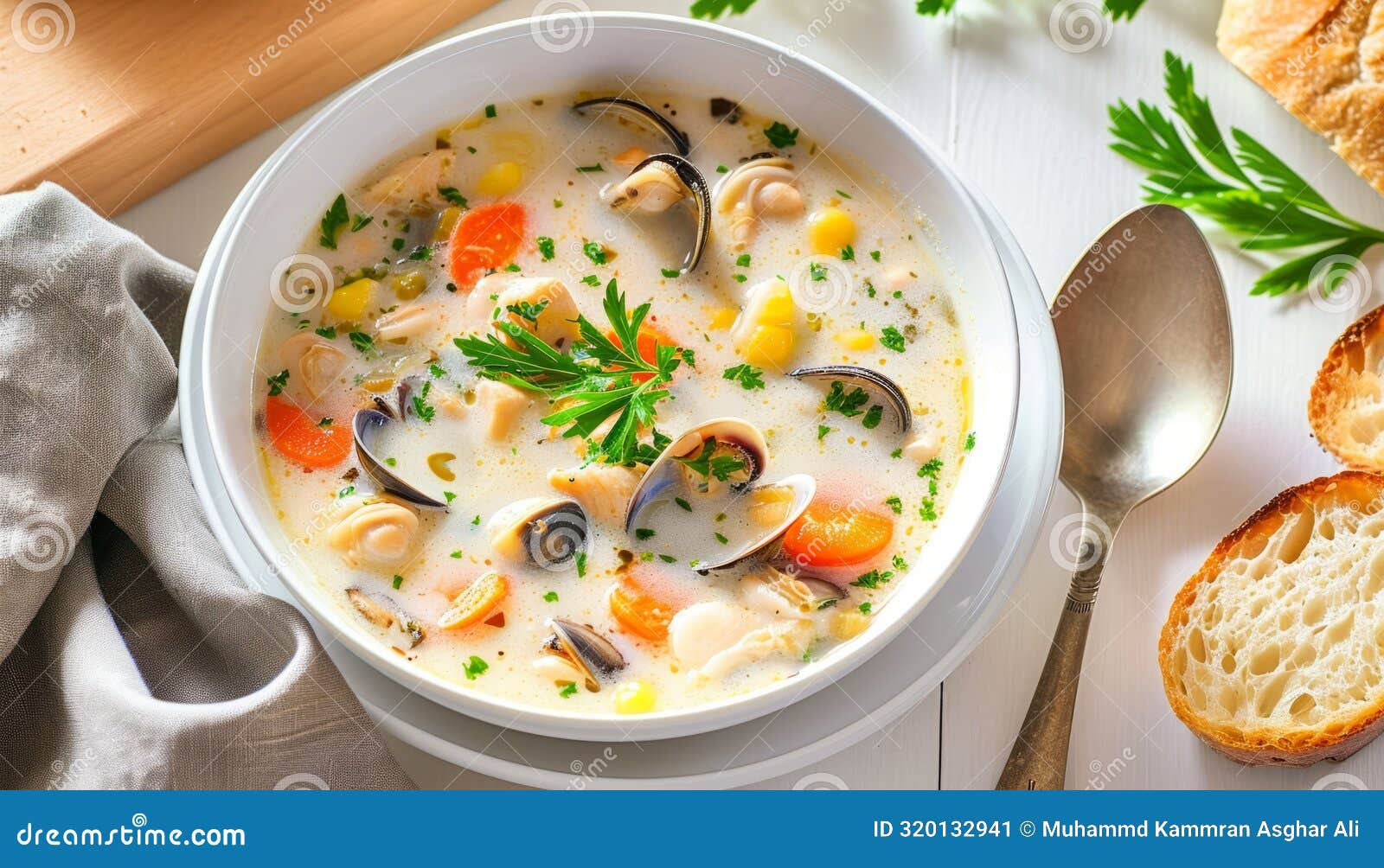 New England Clam Chowder Soup White Farmhouse Kitchen Background Stock ...
