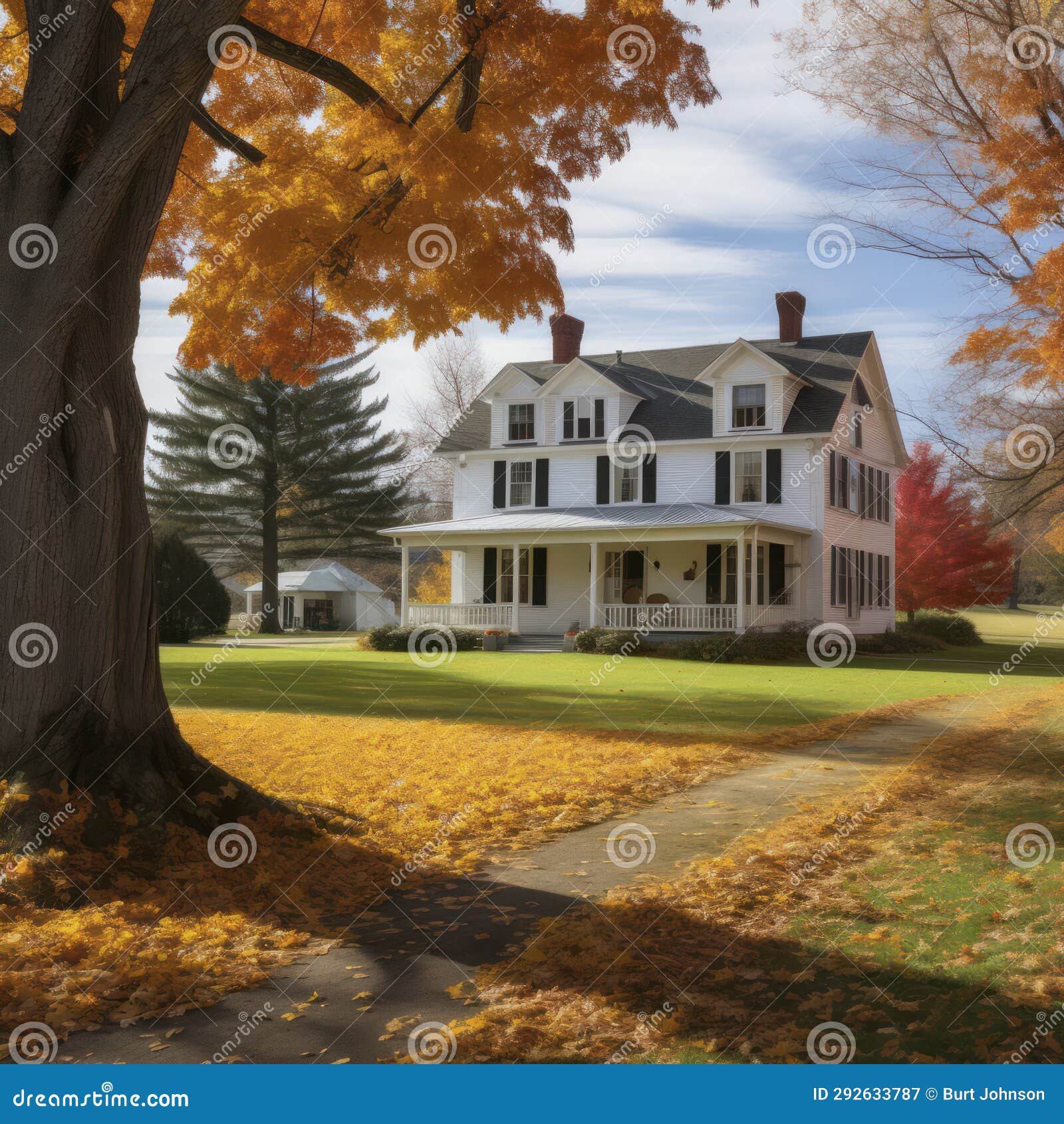 New England Farmhouse in Fall Colors Stock Image - Image of lawn ...