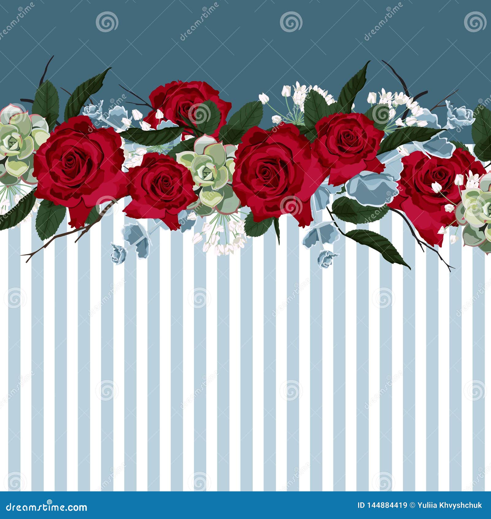 Horizontal Striped Pattern with Red Roses, Leaves and Herbs. Cute ...