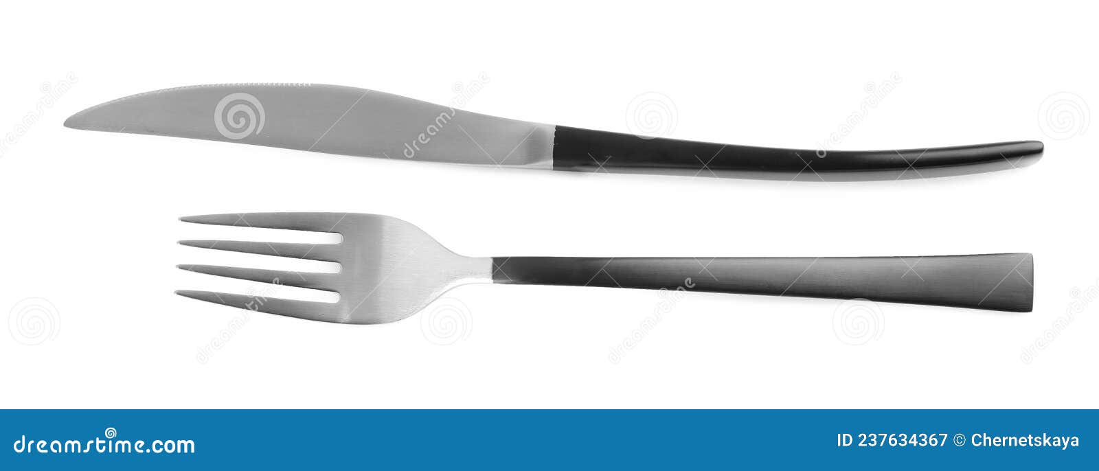 New Fork and Knife with Black Handles on White Background, Top View ...