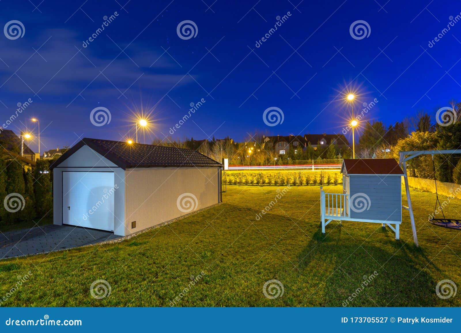 New Garage in the Garden at Night, Poland Stock Image - Image of night ...