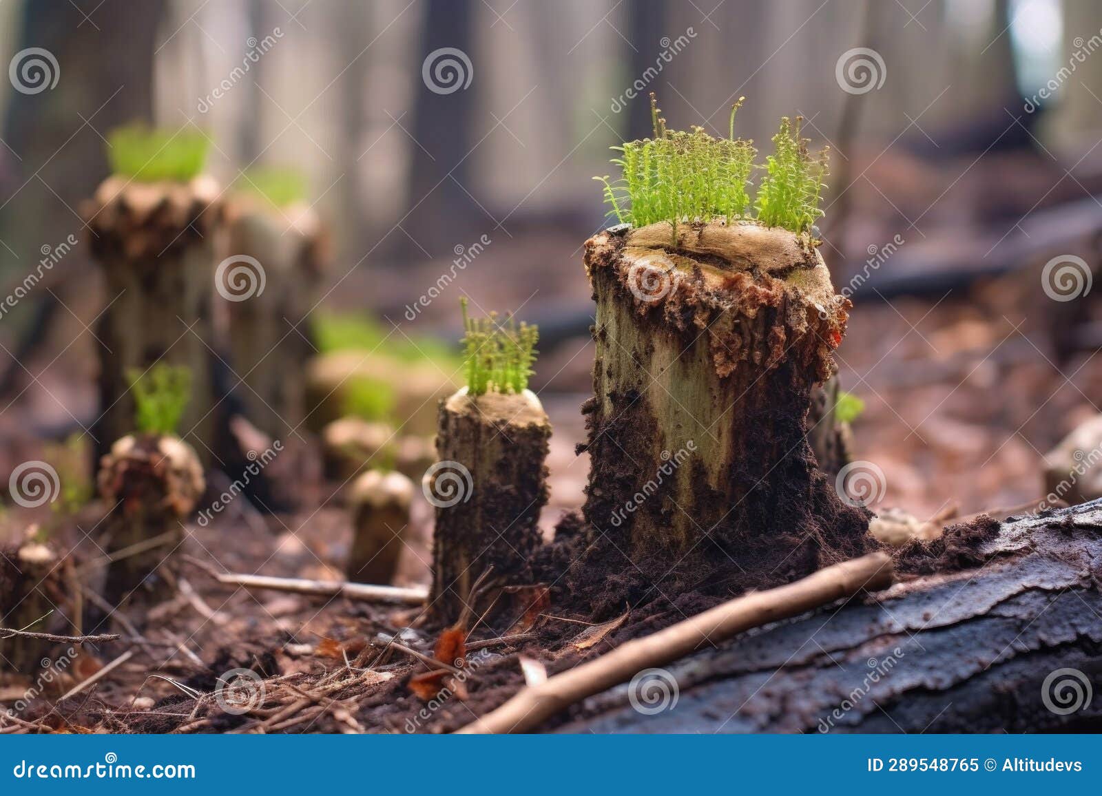 New Green Sprouts Emerging from Charred Tree Stumps Stock Image - Image ...