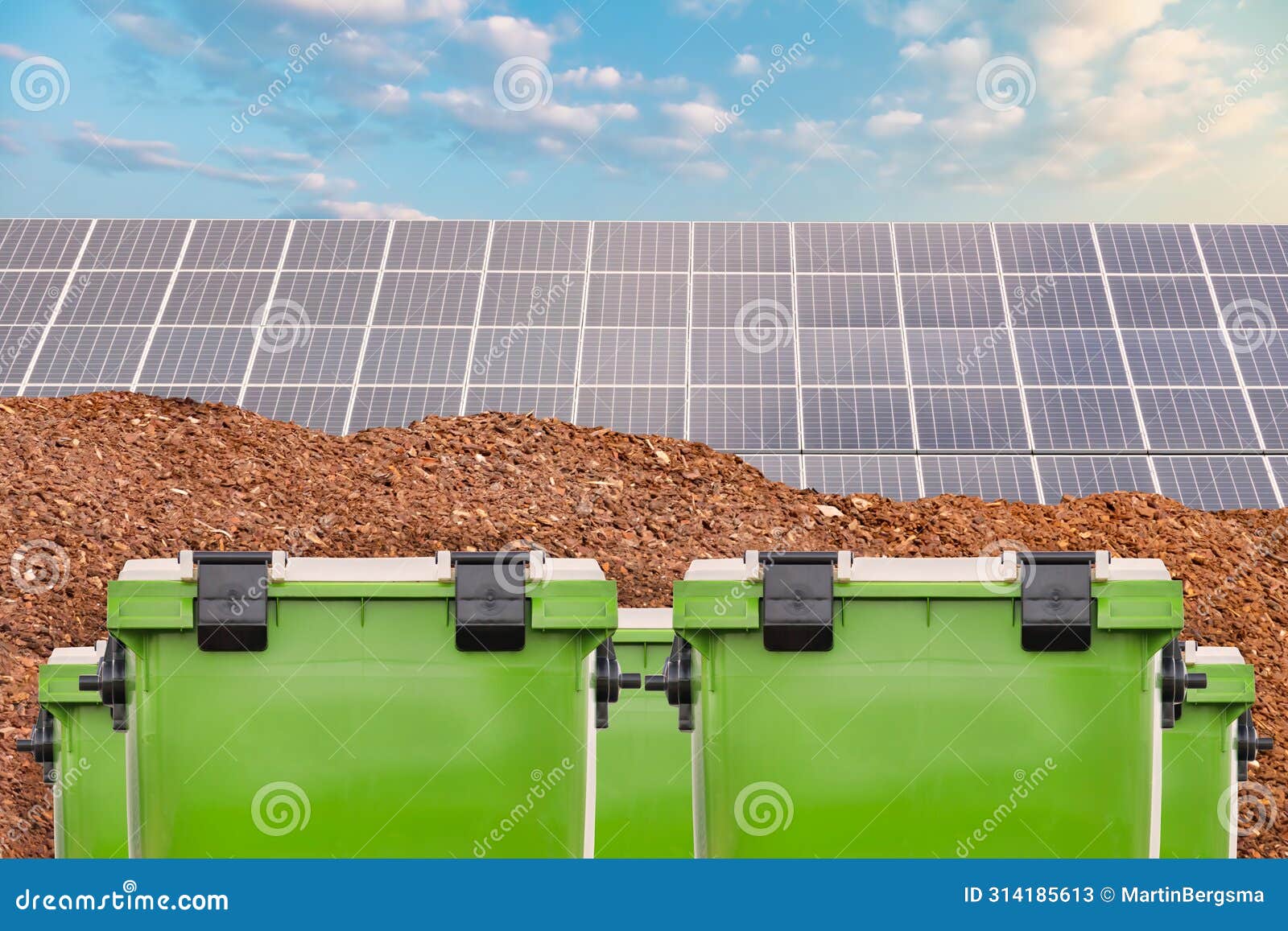 New Green Waste Containers in Front of Biomass and Solar Panels Stock ...
